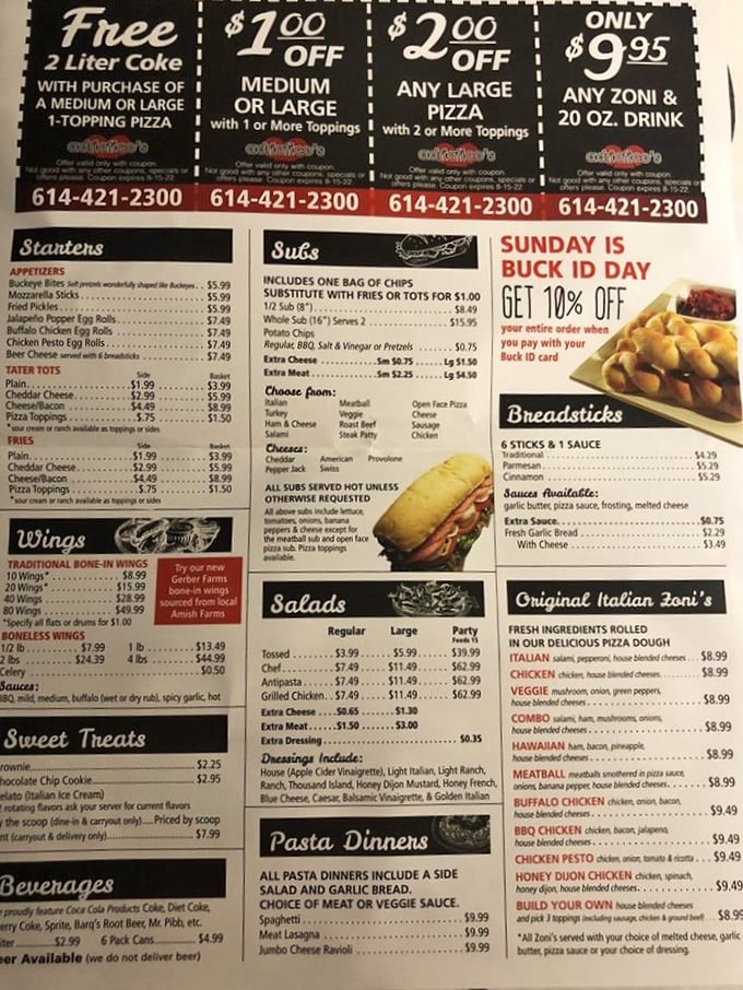 The menu – a sacred text of pizza possibilities that has launched a thousand road trips across Ohio. Study it carefully.