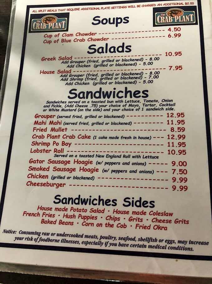 This menu reads like coastal poetry – from clam chowder to gator sausage hoagies, it's Florida's greatest hits on a single page.