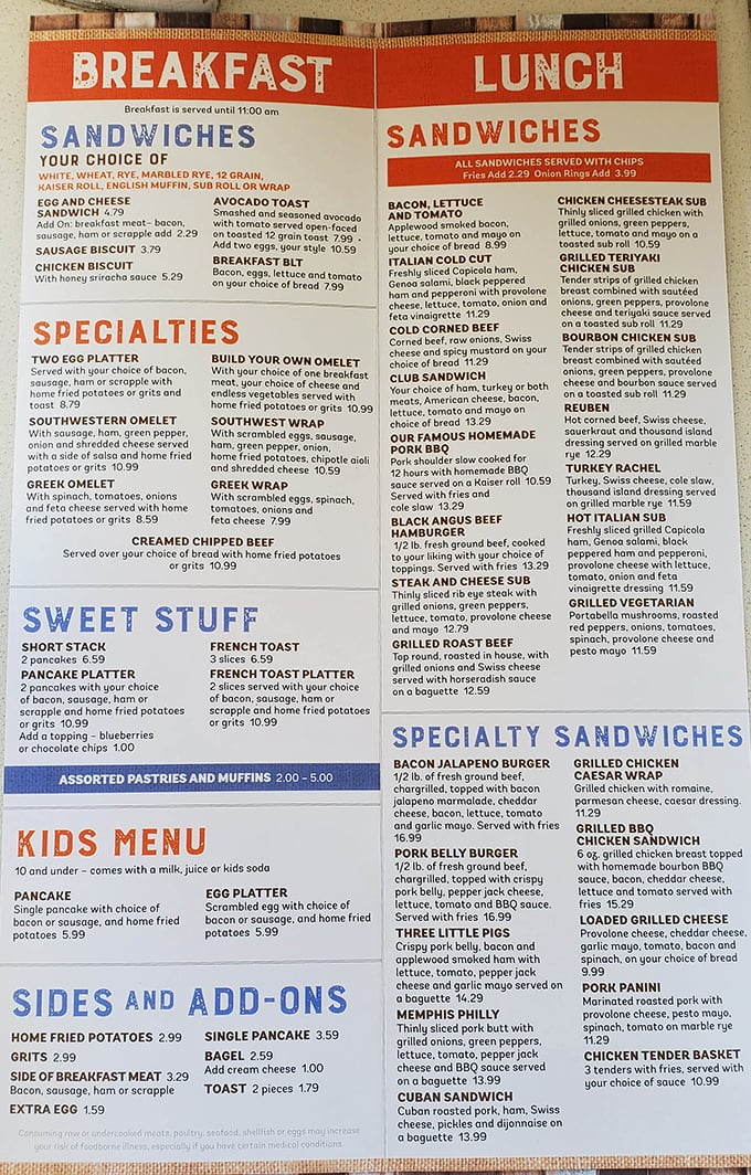 This menu isn't just a list of options—it's a roadmap to comfort food nirvana, with breakfast served until 11am for those who understand morning is a state of mind.