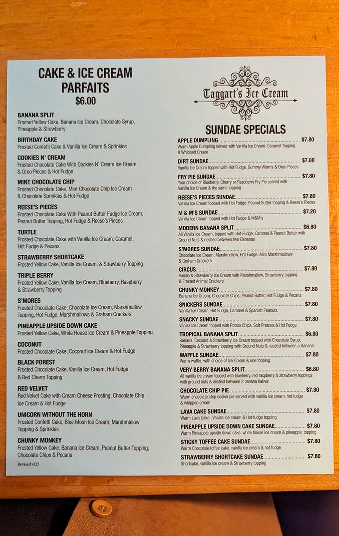 The menu reads like poetry for the dessert-obsessed—each parfait and sundae a verse in an epic sugar saga.