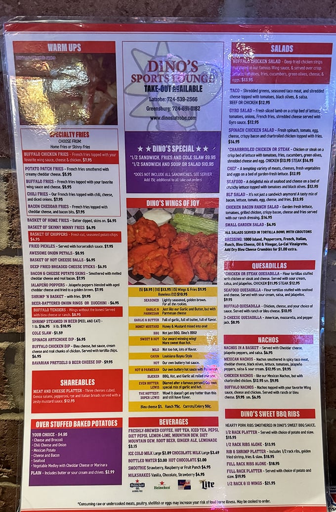 The menu at Dino's reads like a love letter to comfort food, with wings taking center stage in this culinary performance.