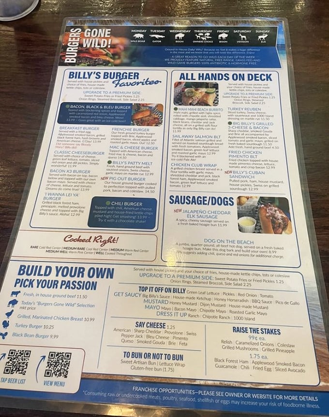 The menu's "Burgers Gone Wild" concept takes you on a safari of flavors – from wild boar Mondays to elk Sundays.
