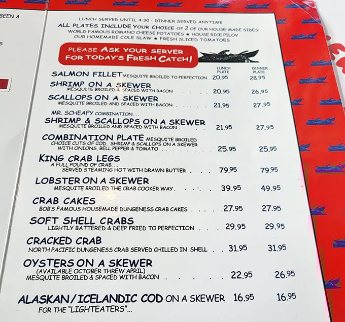 This menu isn't just a list of dishes – it's a treasure map to seafood nirvana. The "Please Ask Your Server For Today's Fresh Catch" invitation feels like being let in on a delicious secret.
