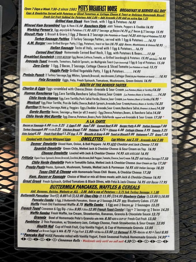 This sunshine-yellow menu is like the breakfast bible of Ventura – comprehensive, revered, and offering salvation to the hungry.