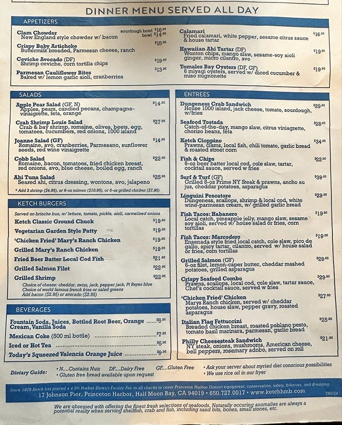 A menu that reads like a love letter to the Pacific—each dish promising the kind of seafood experience that creates return customers.