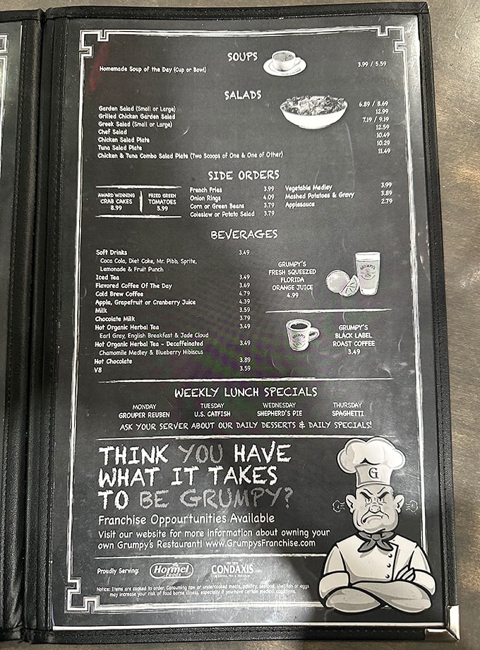 A menu that doesn't need fancy fonts or pretentious descriptions—just honest food that speaks for itself. The grumpy chef knows best.