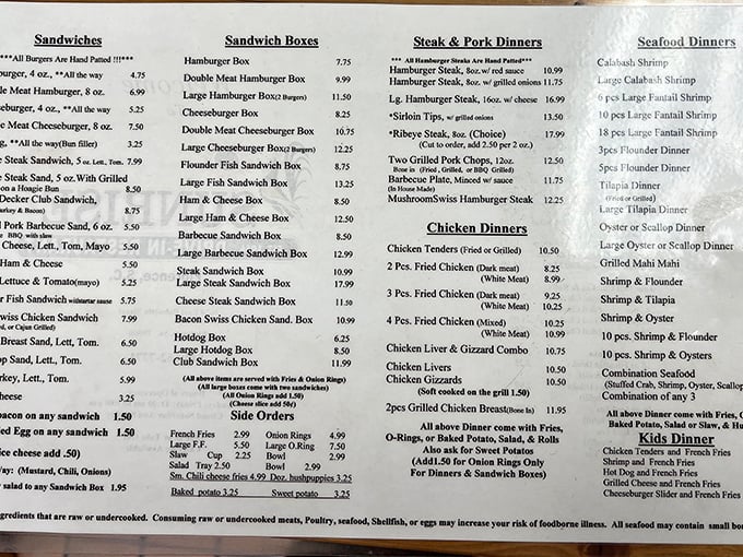 This menu isn't trying to reinvent the wheel—it's perfecting it. From burgers to seafood platters, it's a roadmap to Southern comfort that doesn't need fancy fonts to impress.