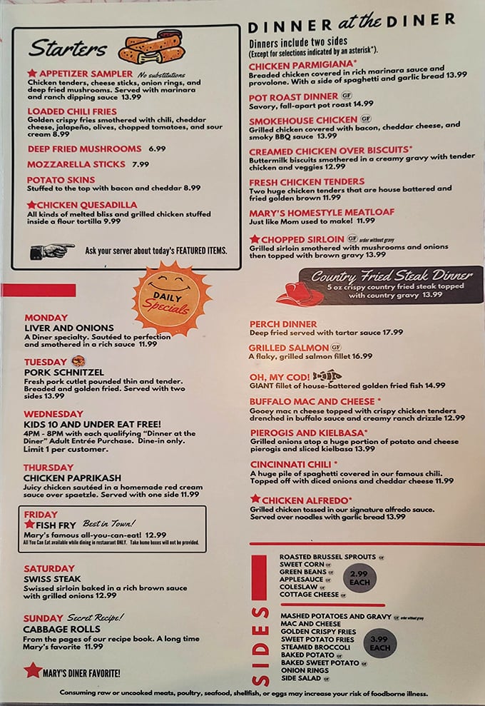 This menu isn't just a list of food—it's a roadmap to happiness. Daily specials like Thursday's Chicken Paprikash prove someone's grandmother is definitely involved in the kitchen.