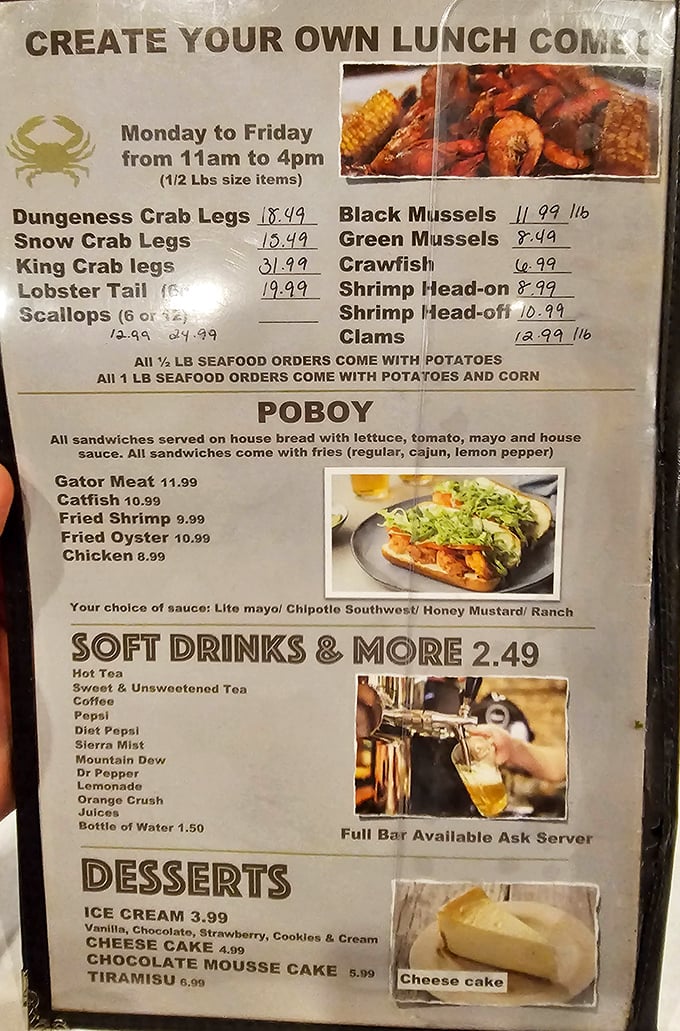 This menu isn't just a list—it's a treasure map to seafood nirvana, where Dungeness meets po'boys and gator meat tempts the adventurous.