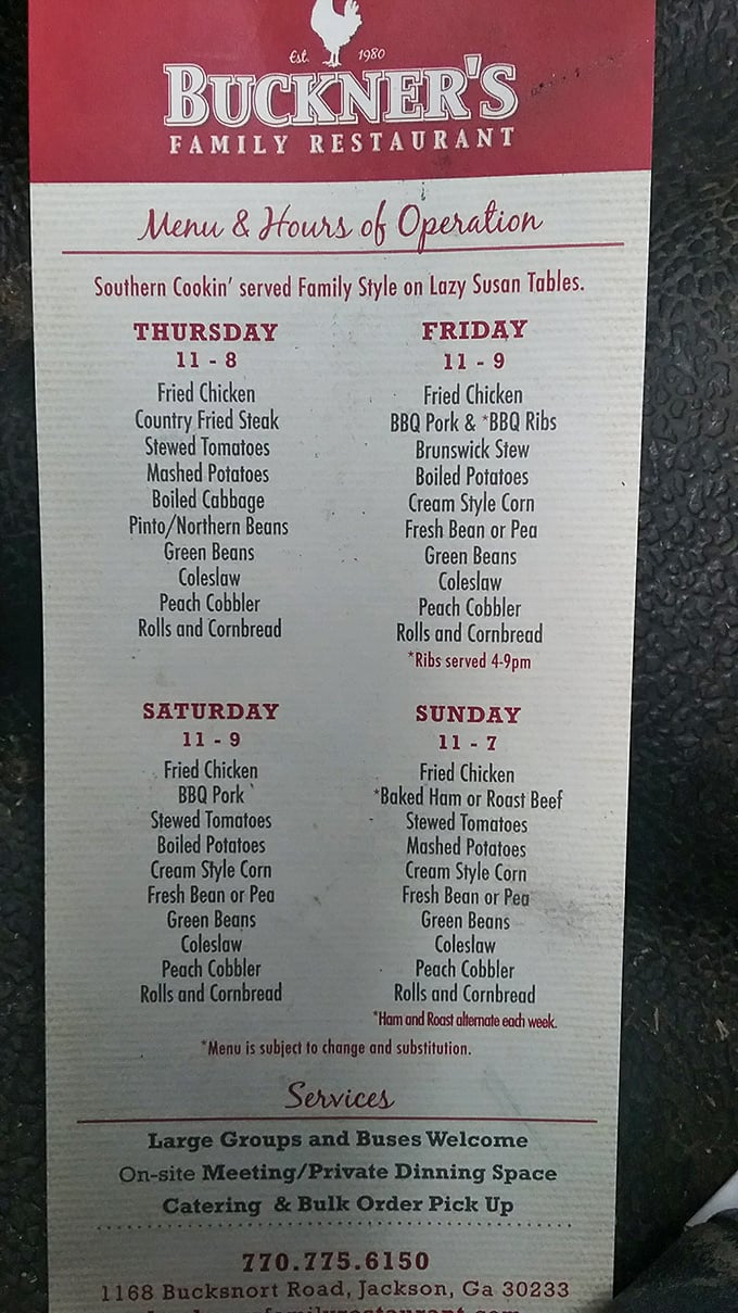The menu board tells you everything you need to know: different days, same philosophy—Southern cooking served family-style on lazy Susans, as God intended.
