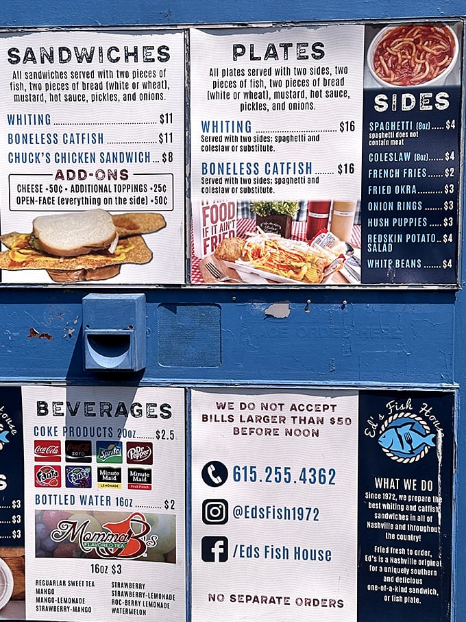 The menu board tells you everything you need to know: fish, bread, and all the right fixings. Simplicity at its most delicious.