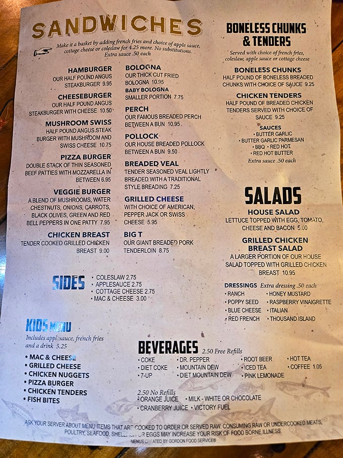 This menu isn't just a list of food—it's a love letter to Midwest comfort classics. The perch sandwich isn't bolded, but it should be!