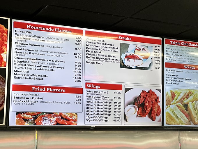 The menu board reads like a love letter to Italian-American classics, with homemade platters and fried delights competing for your attention.