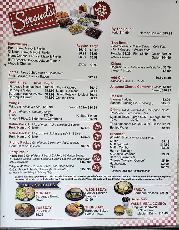 A menu that reads like a love letter to smoked meat enthusiasts. Each item represents hours of patience and generations of barbecue wisdom.