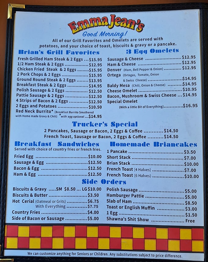 This menu isn't just a list of food – it's a declaration that some things, like a proper diner breakfast, should never change.