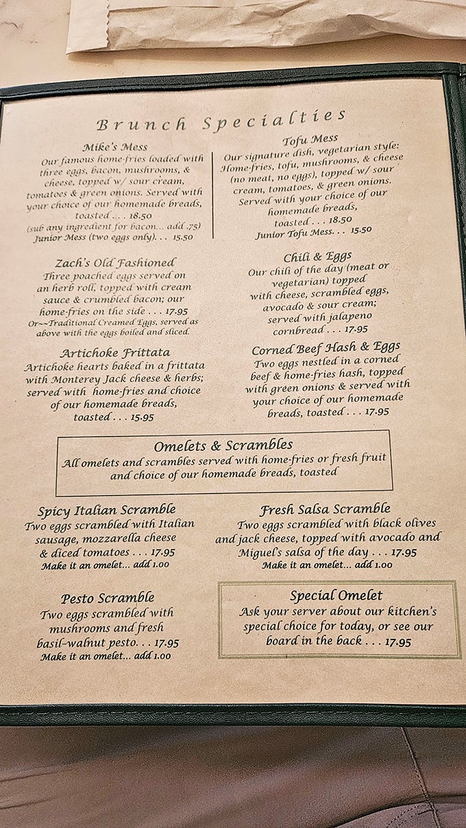 A menu that reads like poetry to hungry souls—Mike's Mess and Tofu Mess sitting side by side, proving breakfast democracy is alive and well.