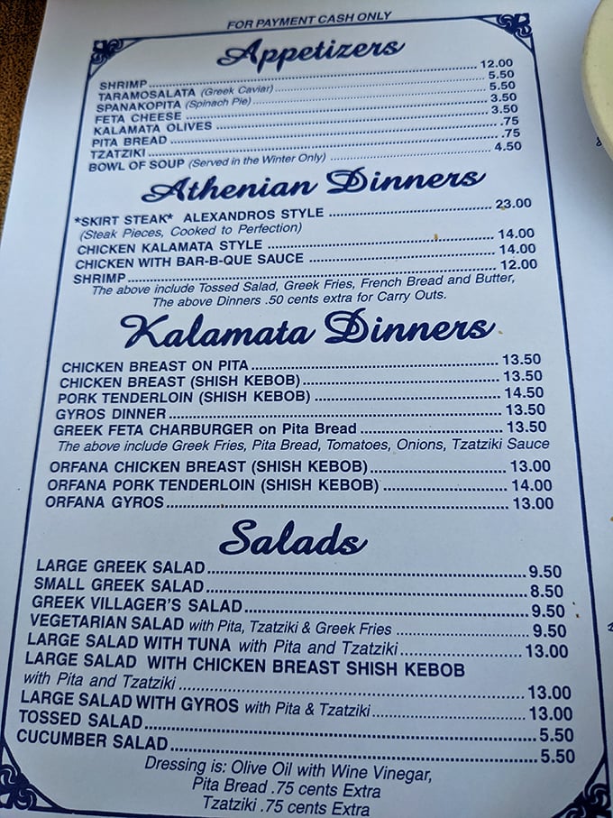This menu isn't just a list of dishes—it's a roadmap to Greek culinary bliss. Cash only, folks—some traditions never change.