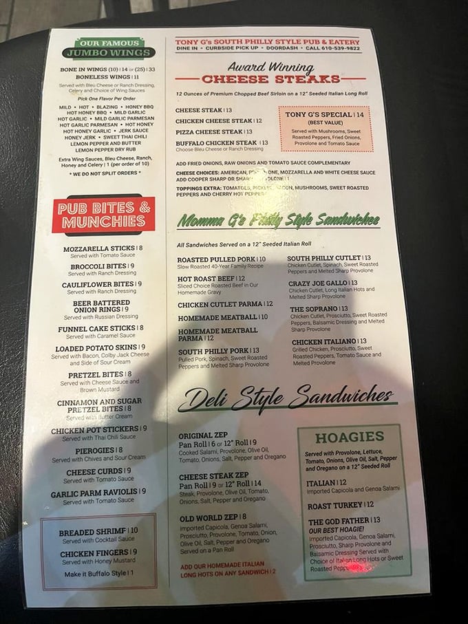 The menu reads like a love letter to Pennsylvania comfort food. Notice how "Award Winning" sits above the cheesesteaks? That's not marketing—that's truth in advertising.