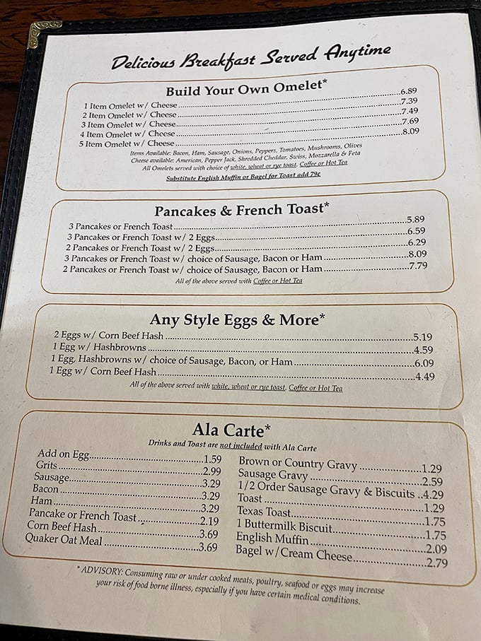 A menu where breakfast reigns supreme all day long—proof that civilization peaked when someone decided eggs and pancakes shouldn't have time restrictions.