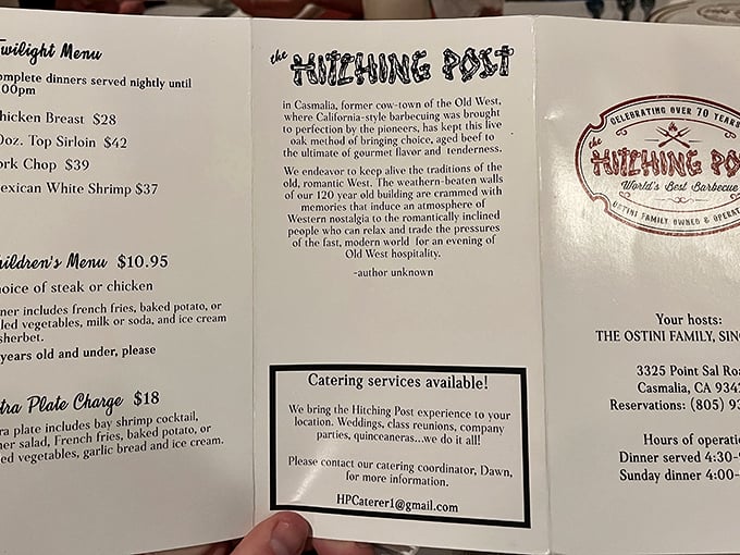 The menu tells the story: straightforward excellence without pretension. No foam, no deconstruction, just perfectly grilled meats that have kept locals and pilgrims coming back for decades.