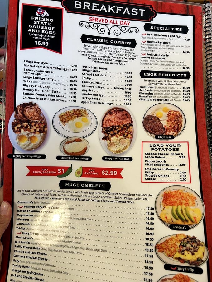 This menu isn't just reading material – it's a roadmap to happiness. The "Big Boy Pork Chops" aren't kidding around about their size or deliciousness.