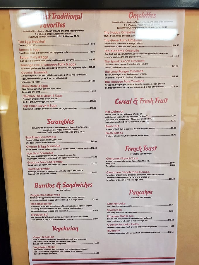 The menu reads like a love letter to American breakfast classics. No molecular gastronomy here—just dishes your grandmother would recognize and approve of.