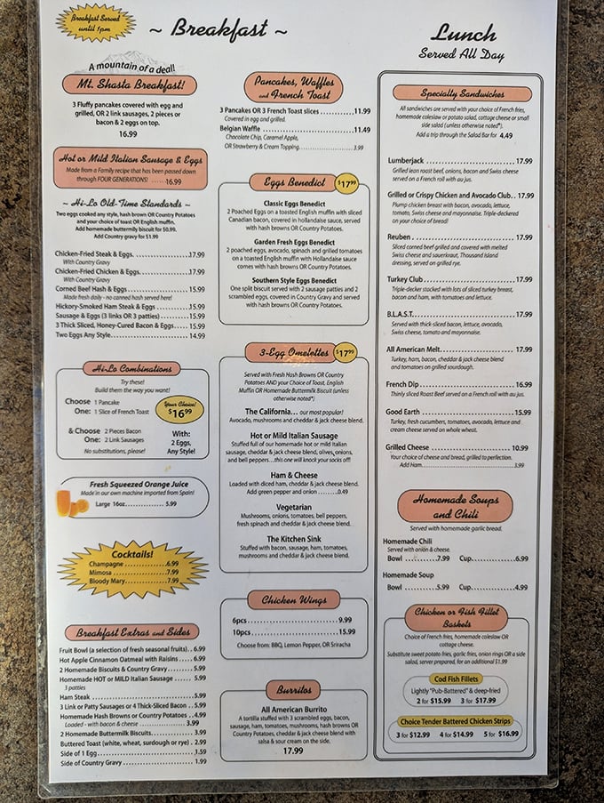 A menu that doesn't need fancy fonts or pretentious descriptions to deliver comfort food perfection. The Mt. Shasta Breakfast alone could fuel a hiking expedition.