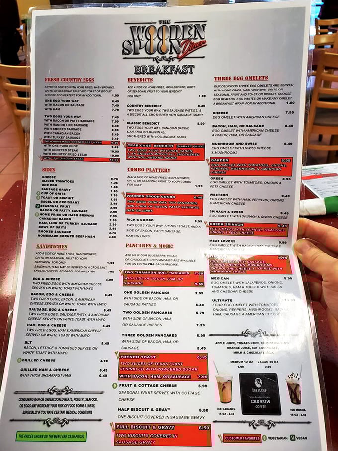 The menu reads like a love letter to breakfast classics, with highlighted specialties that have earned their place in local hearts.