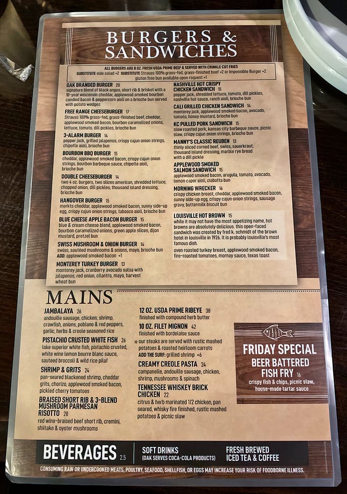 This menu isn't just a list of options—it's a roadmap to flavor country, with burger creations that read like love poems to beef enthusiasts.