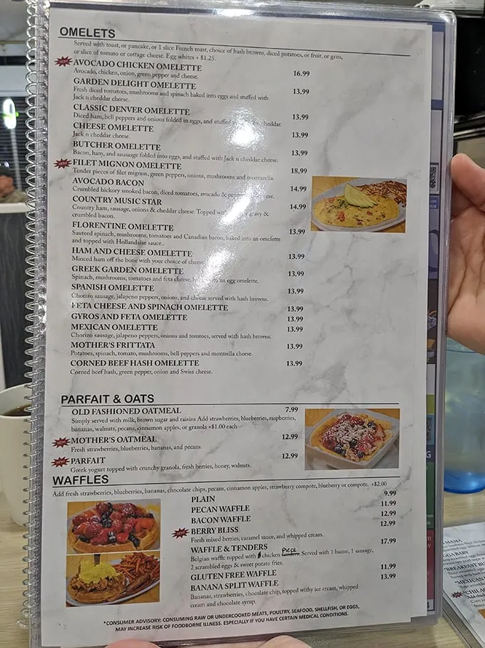 The omelet menu reads like a novel where every chapter ends with "and then they were deliciously satisfied."