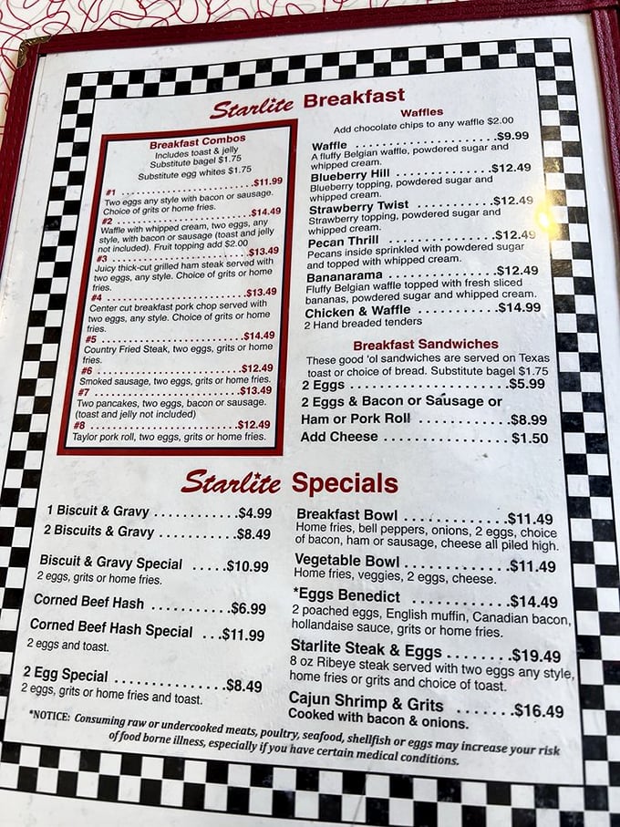 The menu at Starlite reads like a love letter to American breakfast classics. That checkered border isn't just decoration—it's a warning that diet plans come here to die.