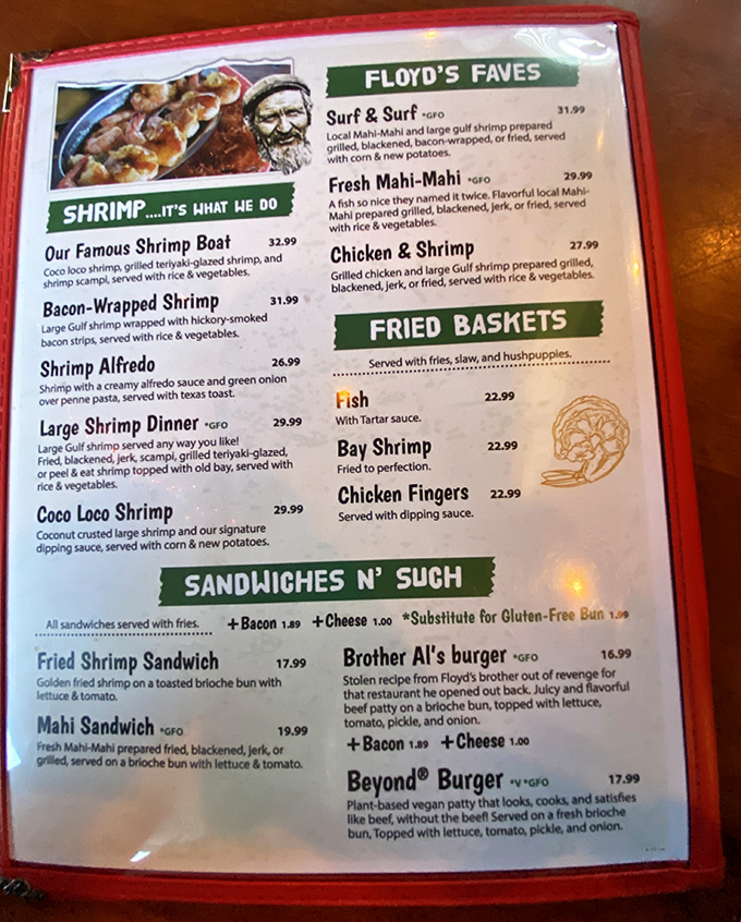 The menu reads like a love letter to shrimp, with preparations ranging from "Famous Shrimp Boat" to the intriguingly named "Brother Al's Burger" – revenge never tasted so good.