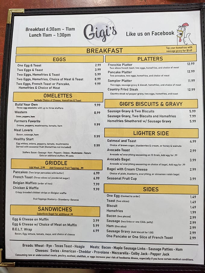 The menu at Gigi's reads like a love letter to breakfast classics. No molecular gastronomy here—just honest food that makes you feel instantly at home.