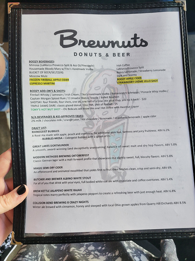 The menu reads like a love letter to indulgence—boozy beverages, craft beers, and creative cocktails that turn donut pairing into an art form.