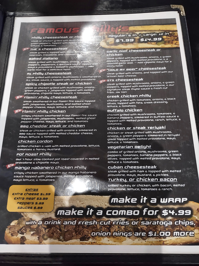 The menu reads like a love letter to comfort food – where "Famous Philly's" aren't just a section but a declaration of delicious intent.