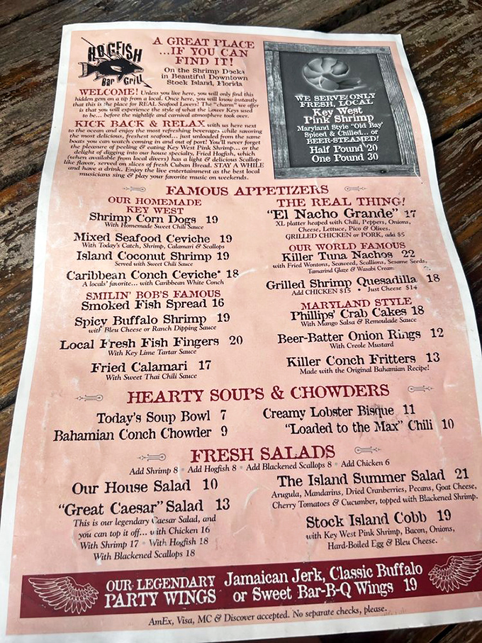 The menu reads like a love letter to seafood enthusiasts—promising only "FRESH, LOCAL" catches and tempting you with "Killer Conch Fritters" that live up to their name.