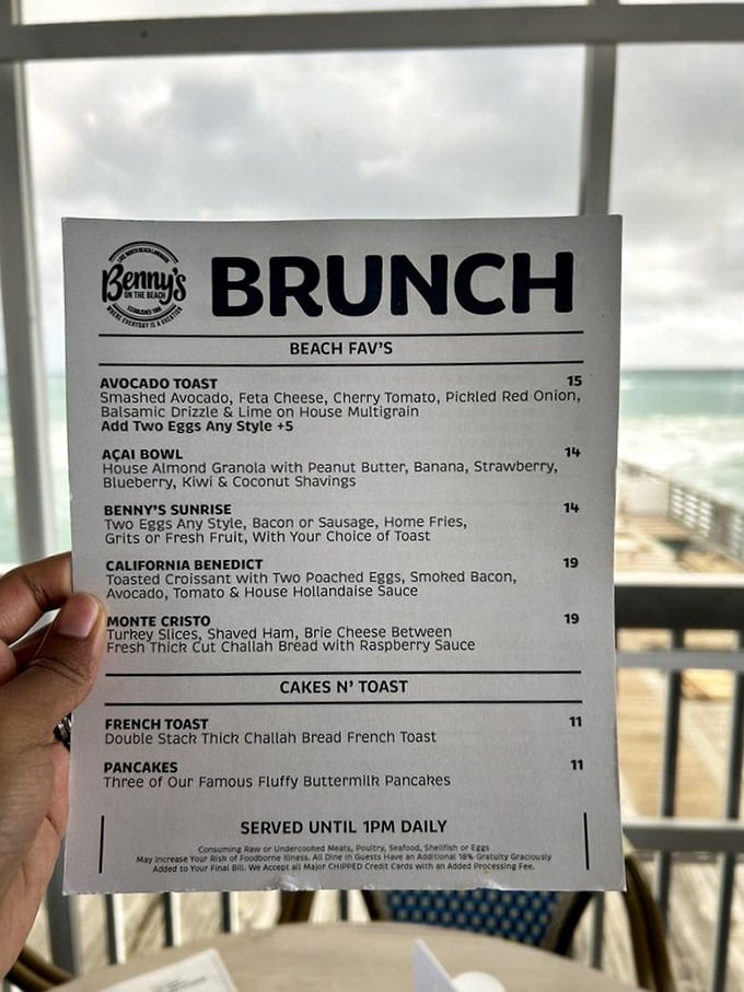 This isn't just a menu; it's a morning manifesto where avocado toast and Monte Cristo sandwiches compete for your breakfast affection.