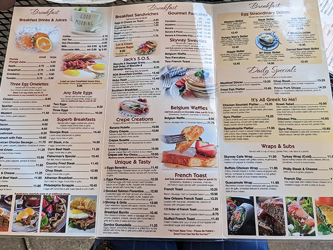 This menu isn't just a list of options – it's a flight plan for your taste buds with destinations ranging from Greek specialties to Belgian waffles.