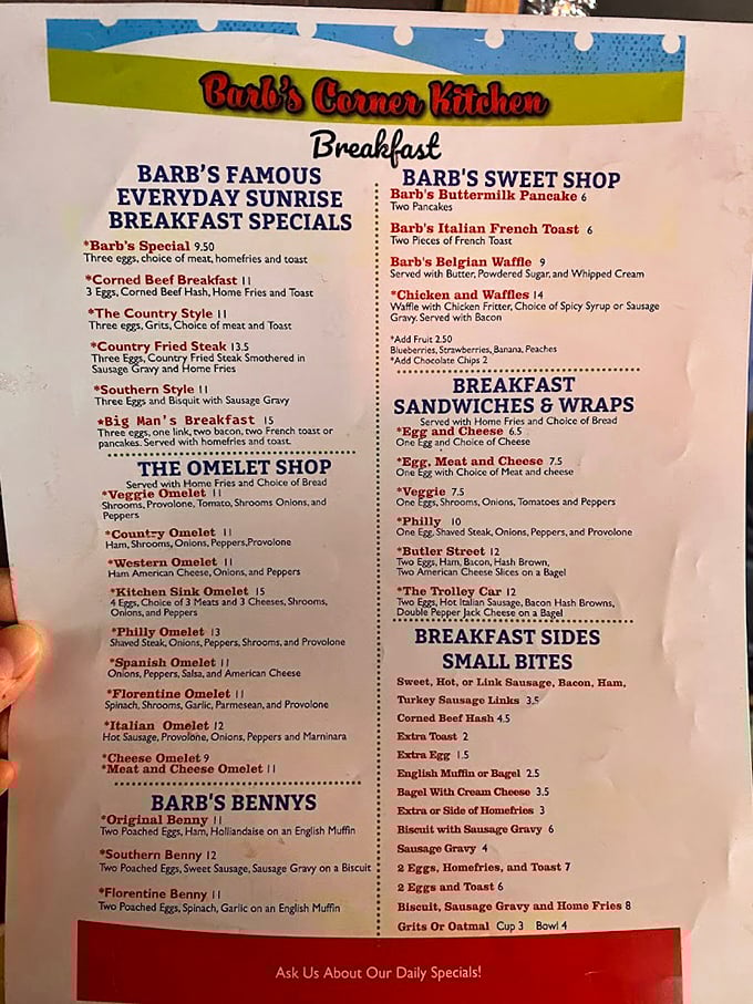 This menu isn't just a list of options—it's a roadmap to breakfast nirvana, with the legendary Country Fried Steak as its North Star.