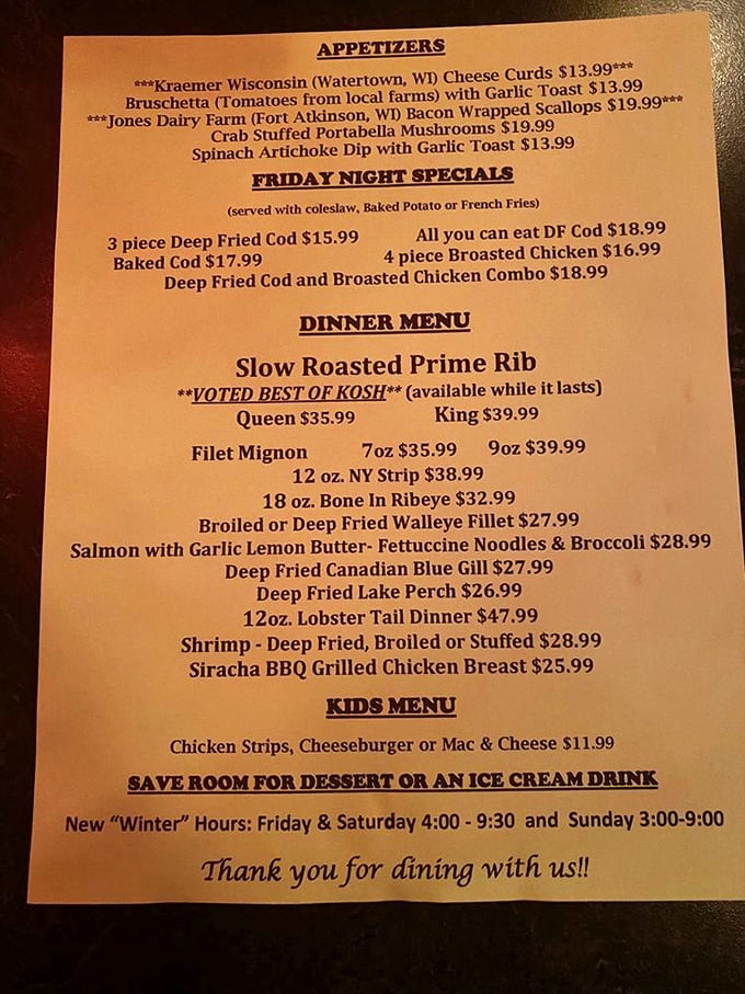 This menu isn't just a list of options—it's a love letter to Wisconsin traditions, from local cheese curds to that magnificent 12-ounce lobster tail.