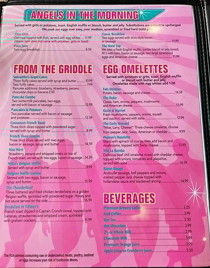 The menu reads like a love letter to breakfast classics, with playful names that make ordering "The Mae West" feel like casting for a Hollywood production.