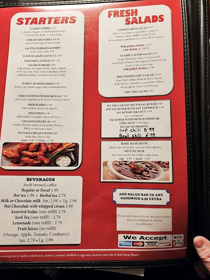 The menu tells the story before your meal arrives—hearty portions, classic favorites, and enough options to satisfy any diner craving.