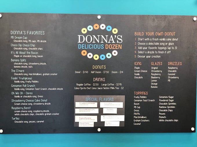 The menu board at Donna's reads like a donut lover's bucket list. From PB Dream Cup to Banana Splitz, each creation promises a unique flavor adventure.