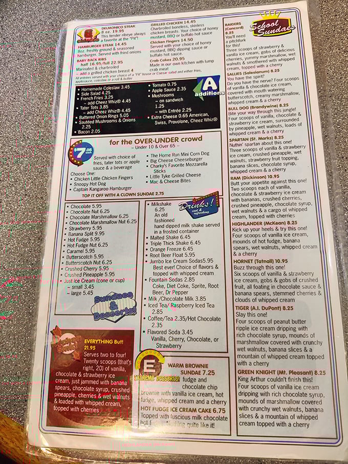 This menu isn't just a list of food—it's a historical document chronicling decades of American comfort cuisine and ice cream dreams.