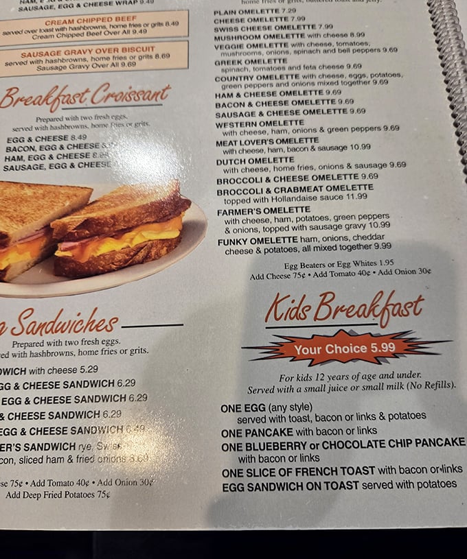 The breakfast menu reads like a love letter to morning comfort food, with omelets taking center stage in this symphony of possibilities.