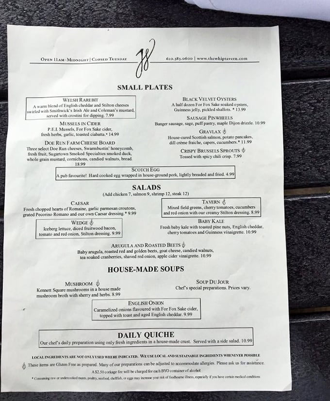 A menu that reads like a love letter to British pub classics. The Welsh Rarebit alone is worth the journey through Chester County's winding roads.