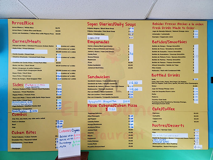 This menu is like a roadmap to Havana—colorful, comprehensive, and guaranteed to make decision-making the hardest part of your meal.