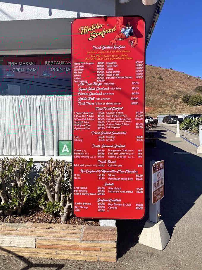 That red menu board is like a treasure map to seafood nirvana. Study it carefully while you wait—every option's a winner.