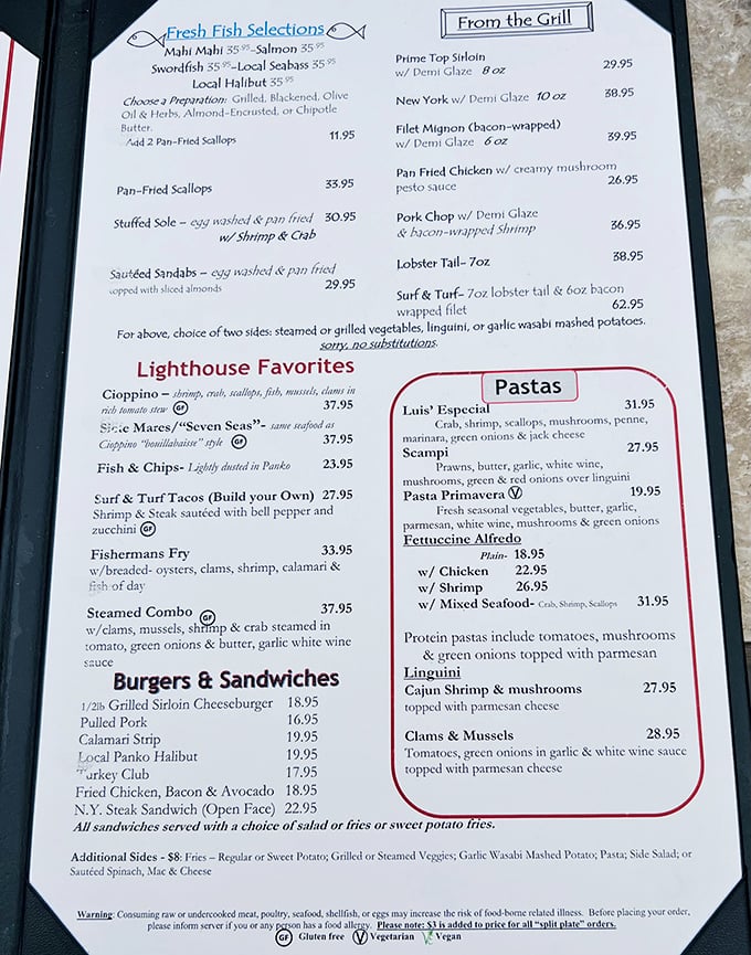 A menu that reads like a love letter to the ocean, offering everything from cioppino to coconut shrimp—decisions this difficult should come with a therapist.