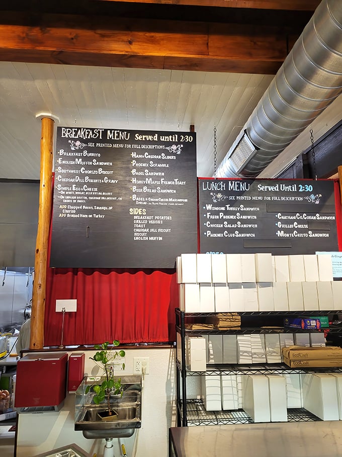 The chalkboard menu isn't just informative—it's a roadmap to happiness, with breakfast and lunch options that make decision-making deliciously difficult.